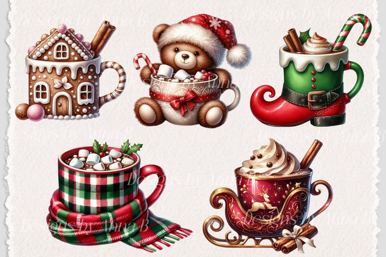 Festive Mug Watercolor Clipart: Christmas Holiday Cocoa (digital ...