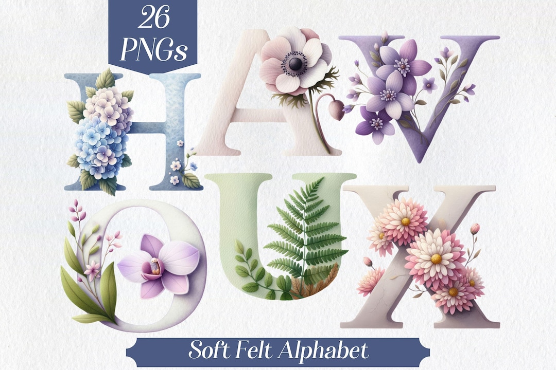 Pastel Floral Alphabet Clipart: Nursery Letter PNG Set (digital ...