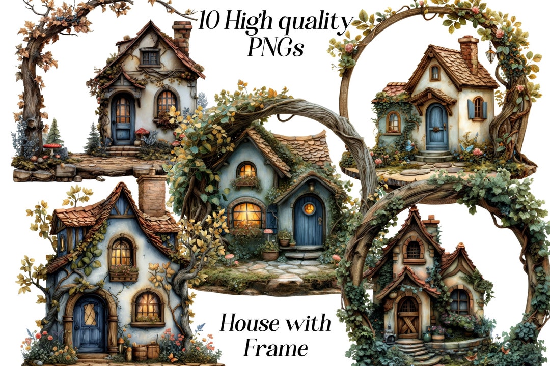 Watercolor Fairy House Clipart: Fantasy Home PNG Graphics (digital ...