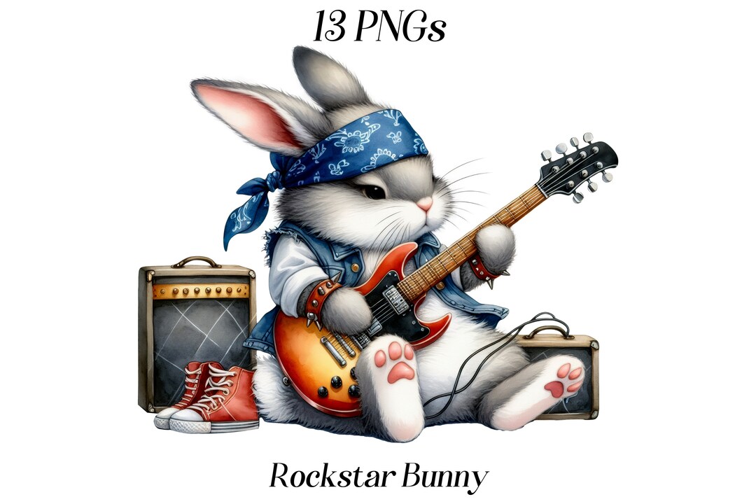 Watercolor Rockstar Bunny Clipart, 13 PNG Files, Cute Bunny, Rocker ...