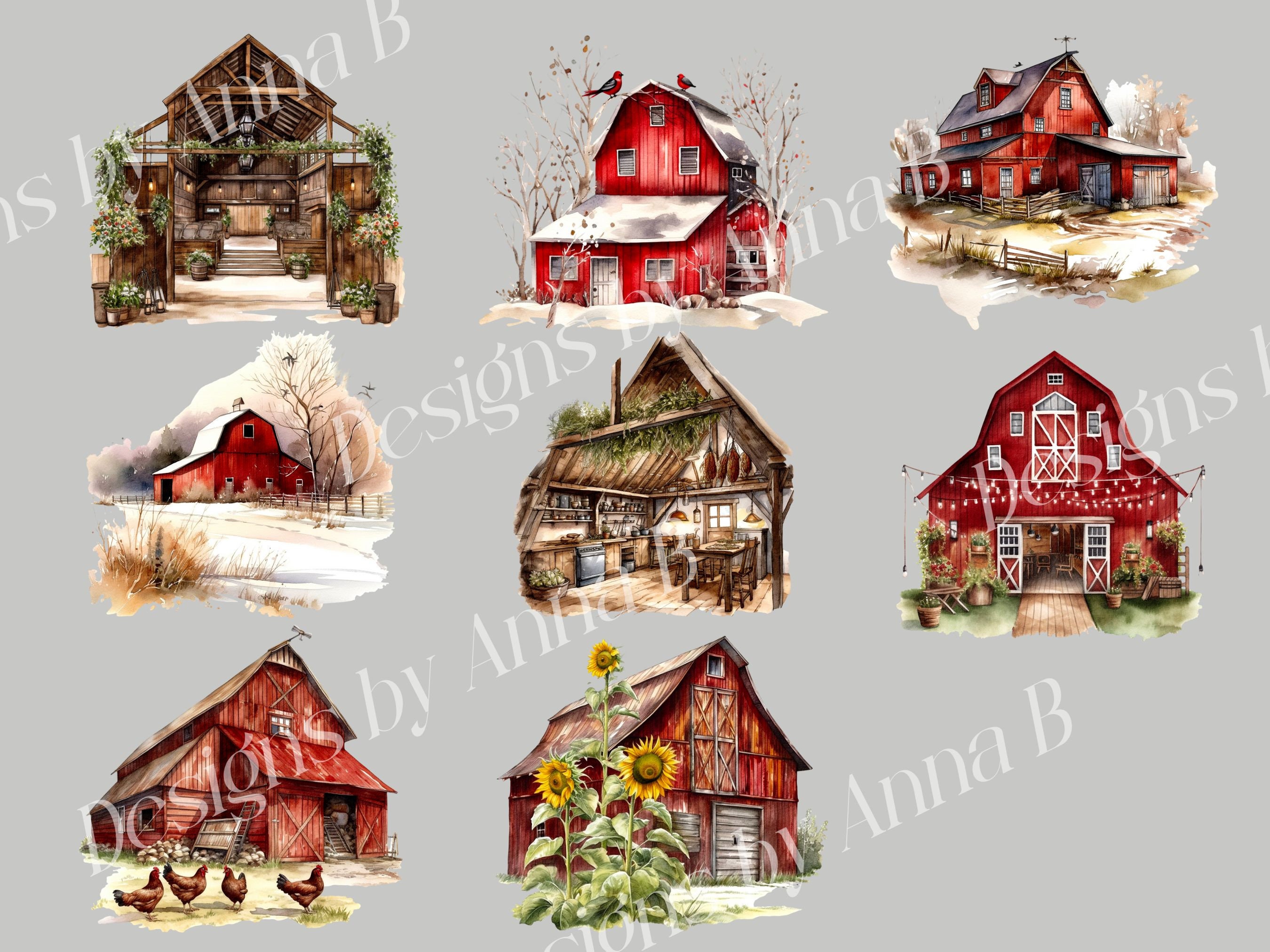 Watercolor Red Barn Clipart: Rural Farmhouse PNG Graphics (35 Files) - Etsy