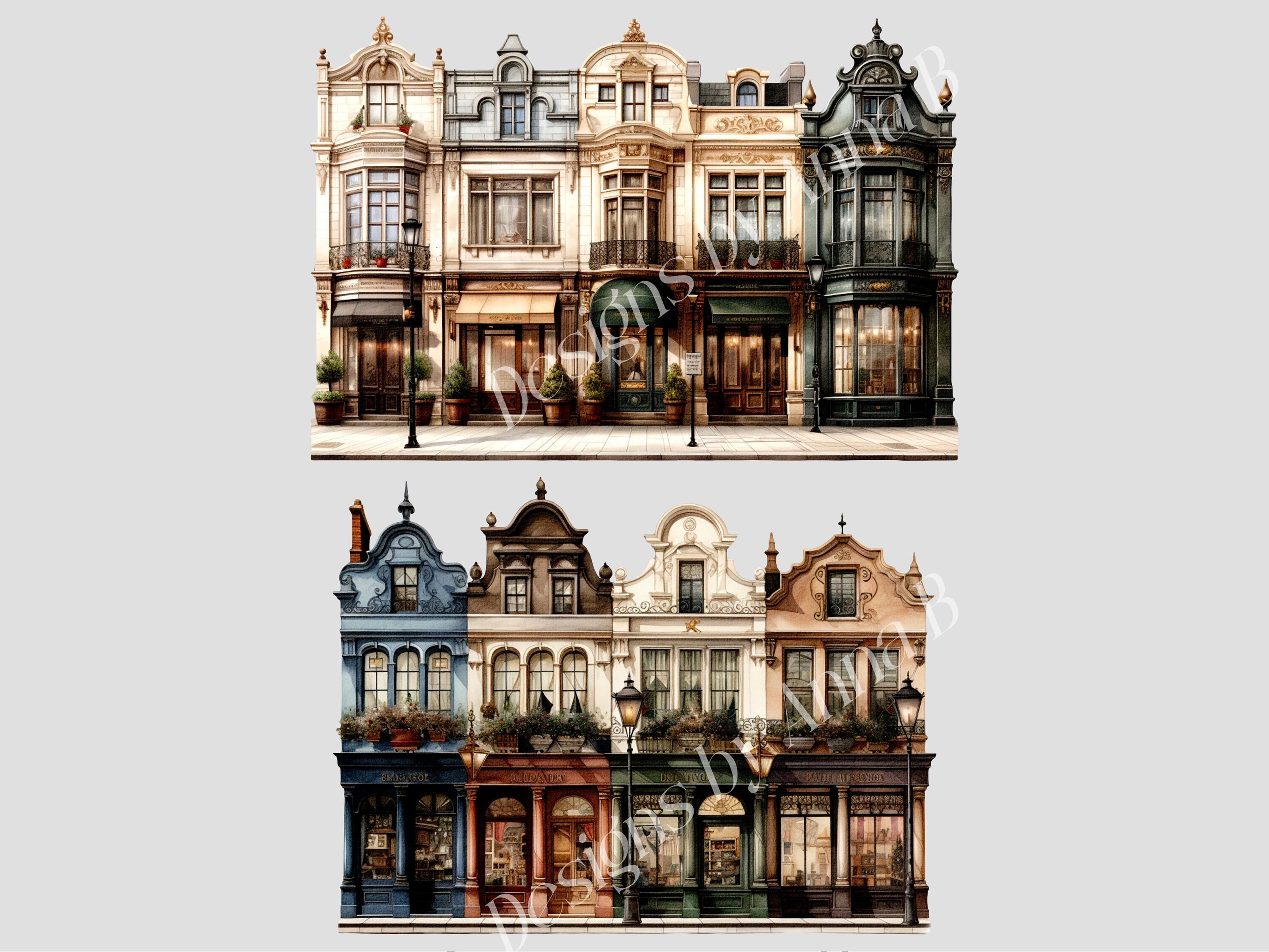 Watercolor Luxury Shops Clipart: City Street PNG Files (digital ...