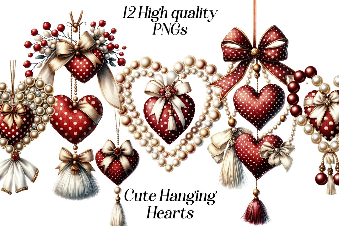 Hanging Hearts Clipart, Watercolor Heart Decor Clip Art, Png, Red ...