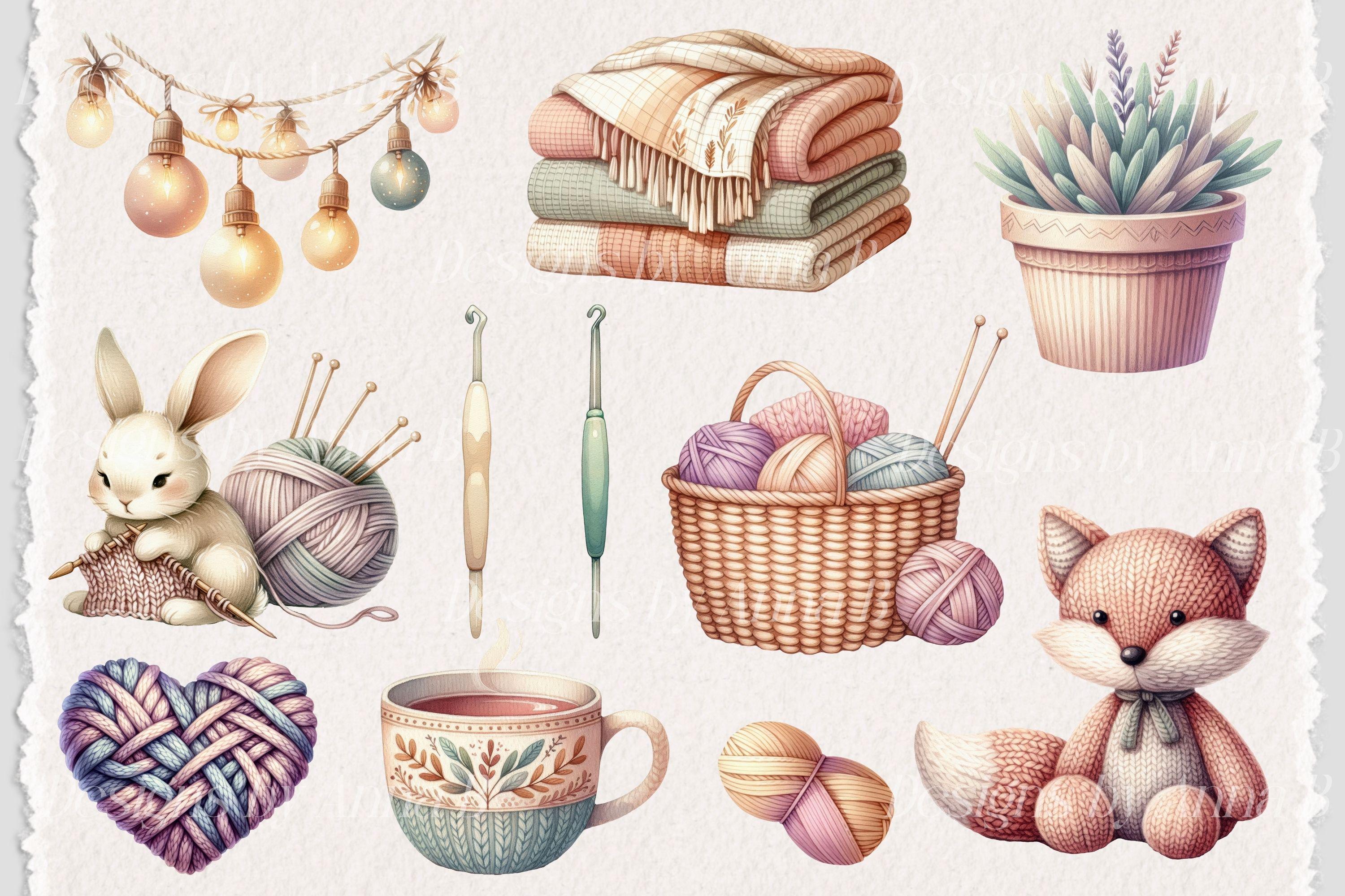 Cozy Knitting Watercolor Clipart: Knitted Animals, Pastel Decor ...