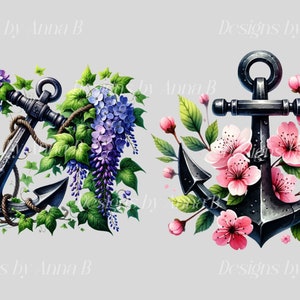 Watercolor Floral Anchors Clipart, 15 High Quality PNG Files, Nautical ...