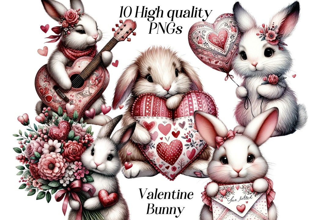 Watercolor Valentine Bunny Clipart, 10 High Quality PNG Files, Cute ...