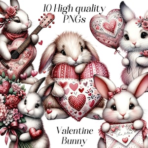 Watercolor Valentine Bunny Clipart, 10 High Quality PNG Files, Cute ...