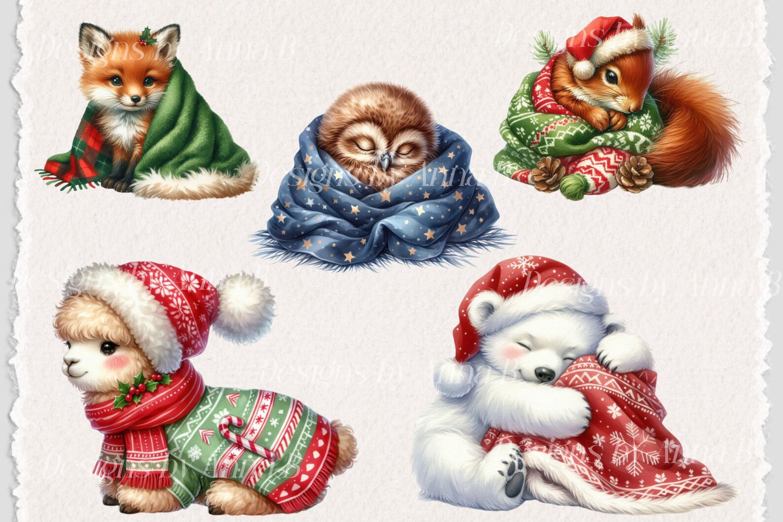 Christmas Animals Clipart: Watercolor Holiday PNG Images (digital ...