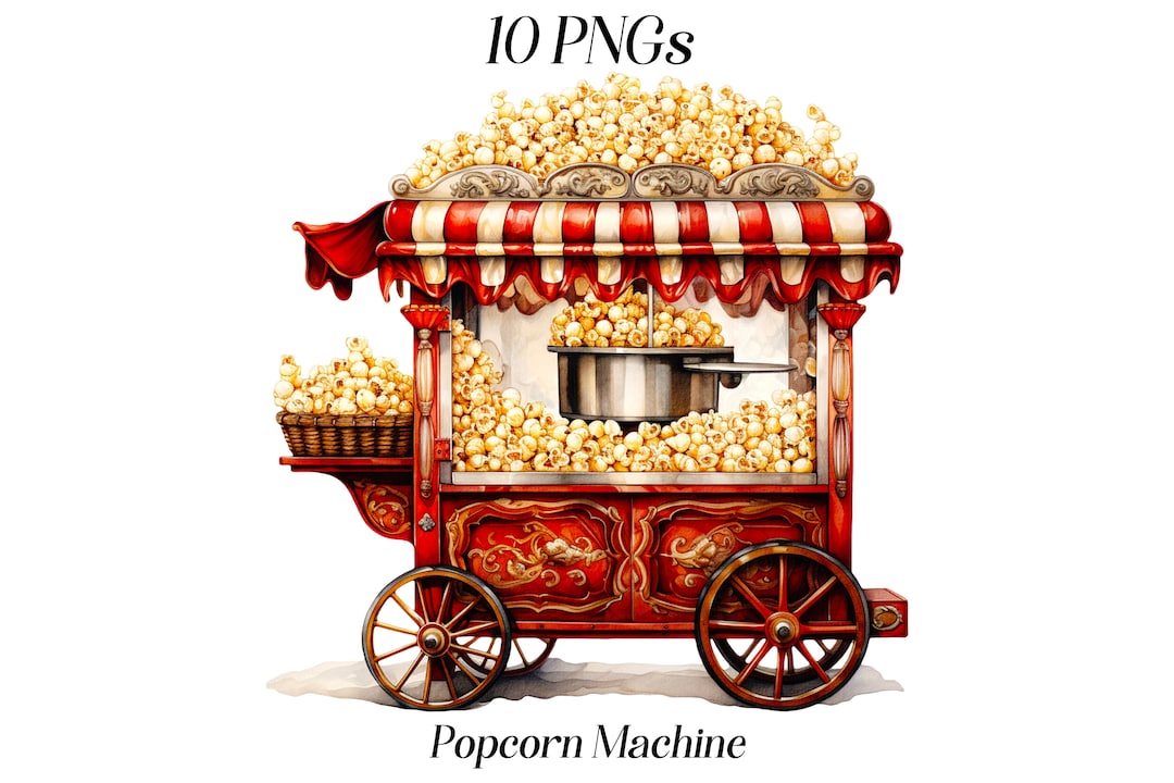 Watercolor Popcorn Machine Clipart, 10 High Quality JPEG and PNG Files ...