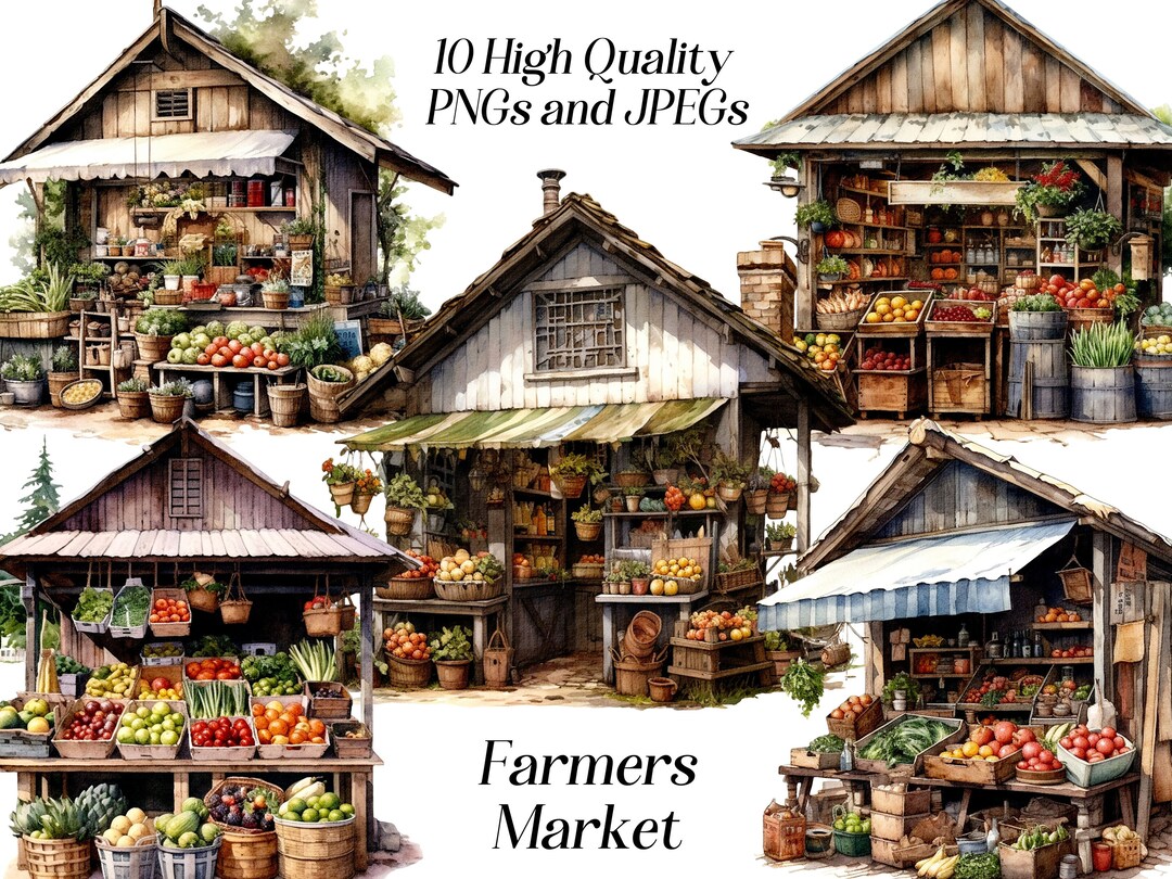 Watercolor Farmers Market Clipart, 10 High Quality JPEG and PNG Files ...