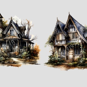 Watercolor Haunted Cottage Clipart, 10 High Quality PNG Files ...