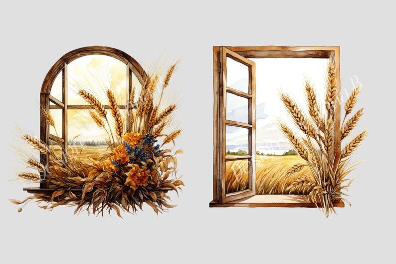 Watercolor Window Wheat Clipart: Harvest Bakery Decor (PNG Files) - Etsy
