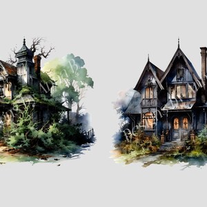 Watercolor Haunted Cottage Clipart, 10 High Quality PNG Files ...