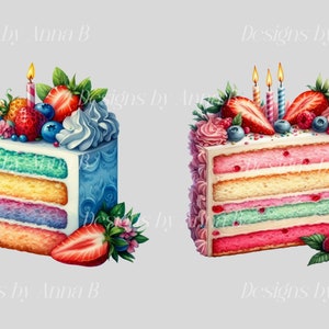 Watercolor Birthday Cake Slice Clipart: 10 PNG Graphics (digital ...