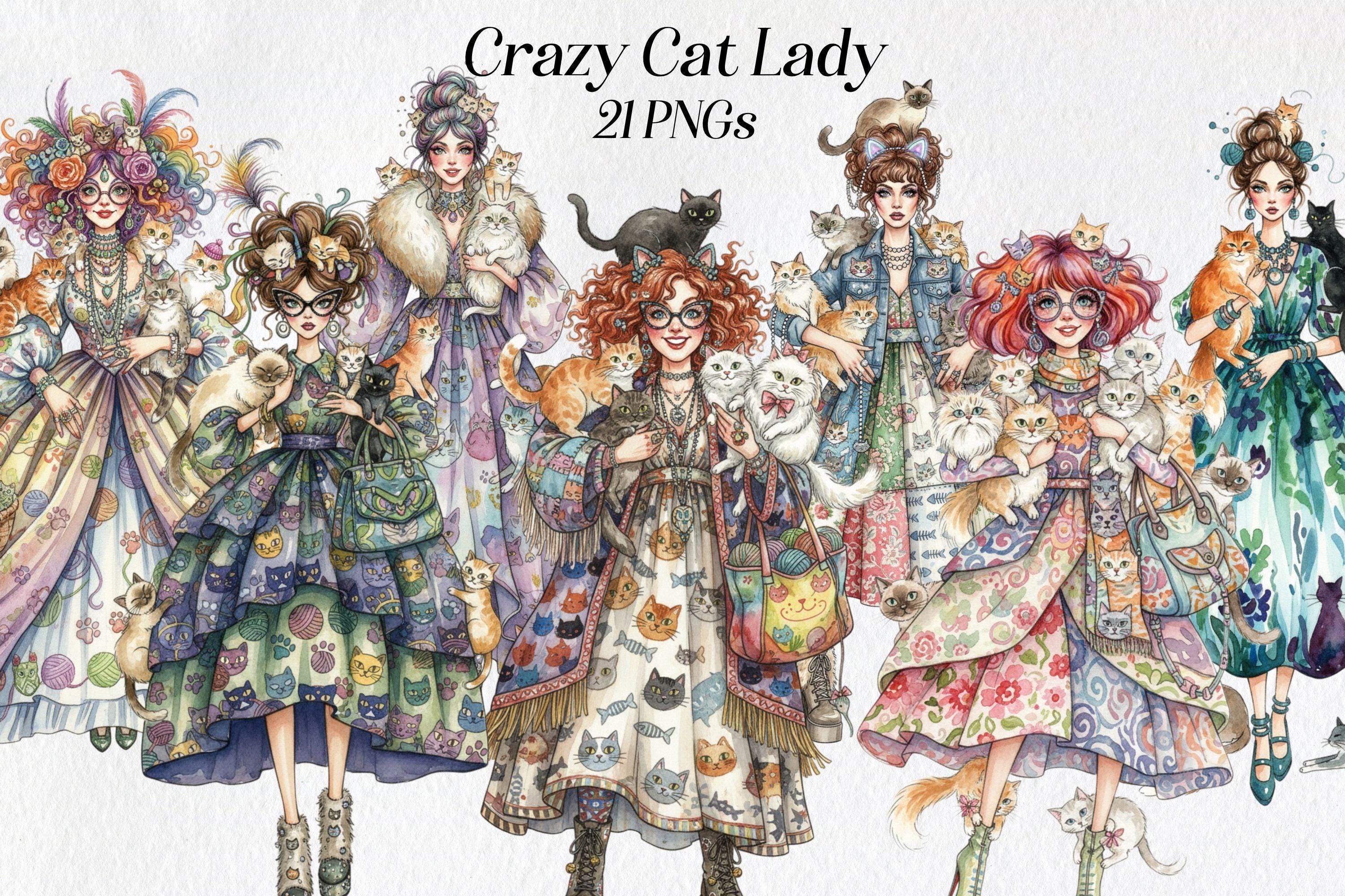 Whimsical Crazy Cat Lady Clipart: Fashion Illustration PNG Set (digital ...