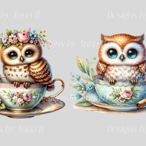 Watercolor Owl and Teacup Clipart, 15 PNG Files, Cute Owl, Vintage Teacup, Woodland Animals ...