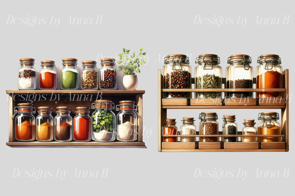 Watercolor Spice Rack Clipart: Kitchen Herbs & Spices (13 PNG Files ...