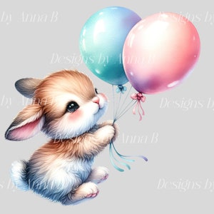 Watercolor Bunny With Balloon Clipart, 13 PNG Files, Cute Rabbit, Hare ...