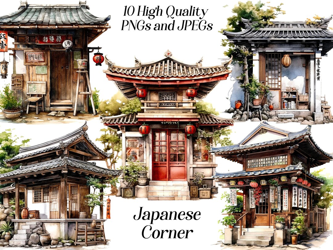 Watercolor Japanese Building Clipart, 10 High Quality JPEG and PNG ...