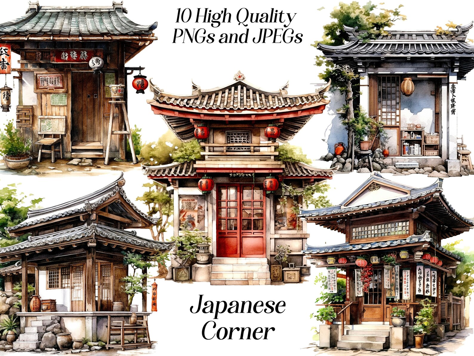 Watercolor Japanese Storefront Clipart, JPEG PNG Files (digital ...