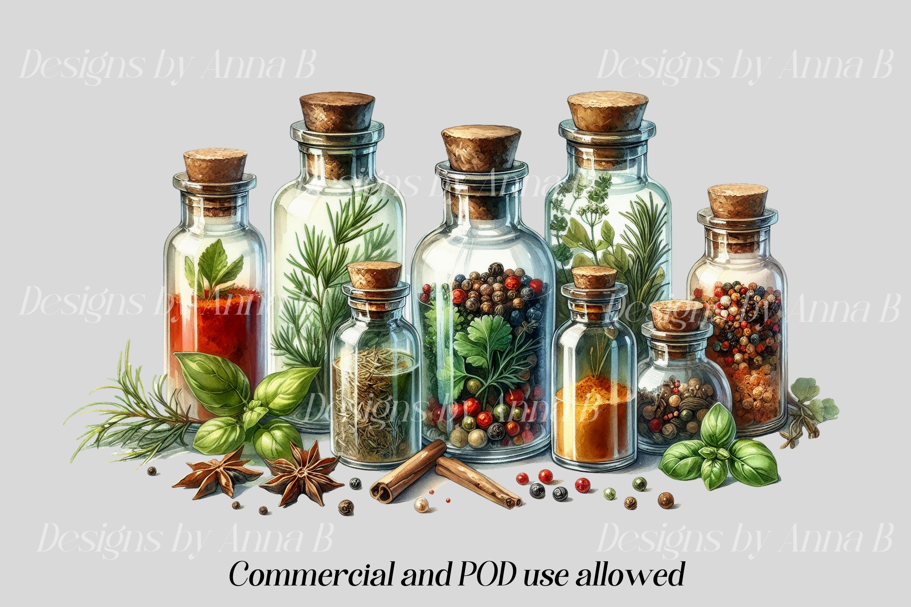 Watercolor Herbs Clipart: Spices in Bottles, Kitchen Art (12 PNG Files ...