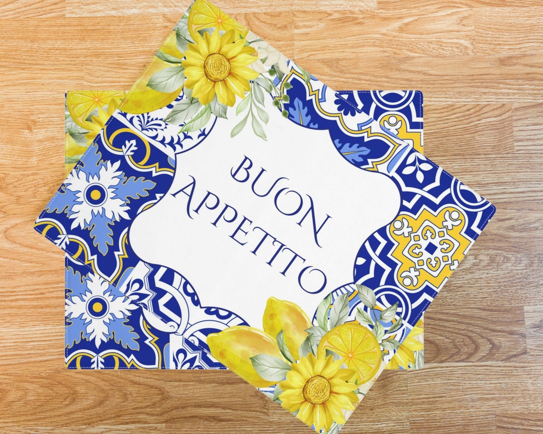 Buon Appetito Cotton Placemat – Mediterranean Lemons & Blue Tile Print ...