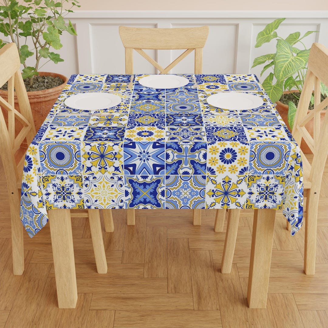 Mediterranean Tile Tablecloth, Blue White Yellow Sicilian Decor ...