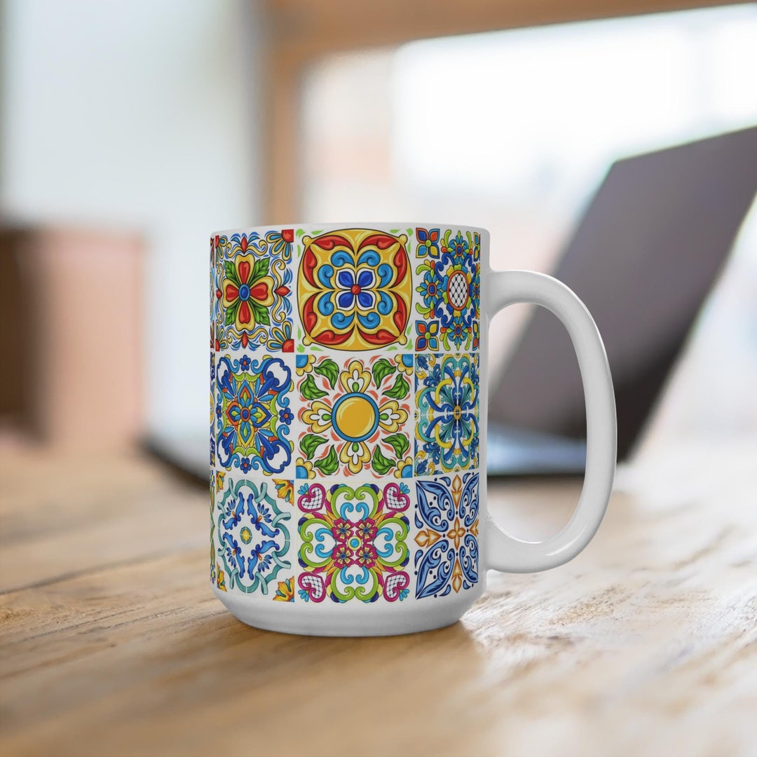 Sicilian Tile Mug 15oz, Mediterranean Coffee Cup, Italian Ceramic Mug ...