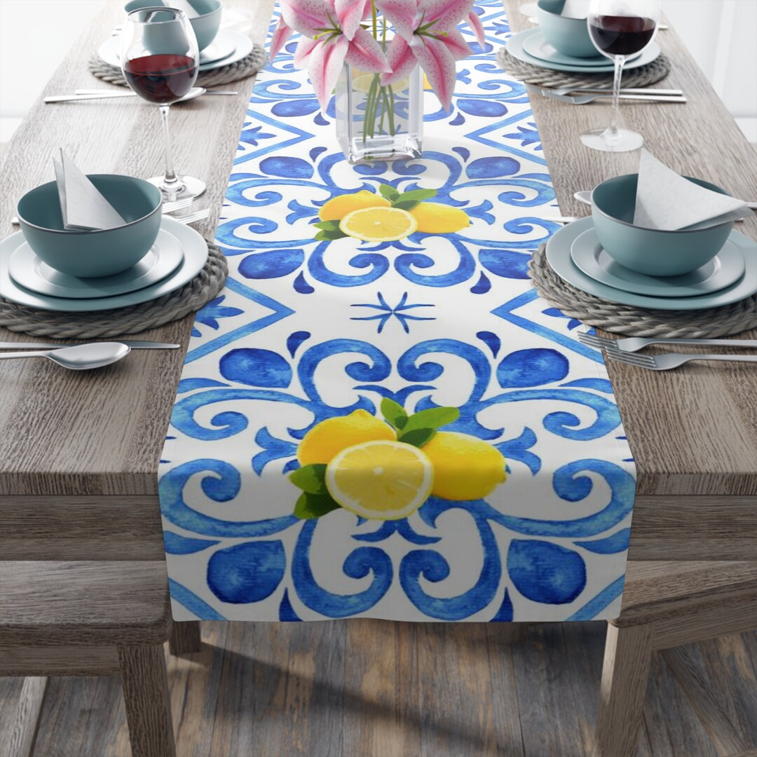 Table Runner With Blue and White Tiles and Lemons, Mediterranean ...