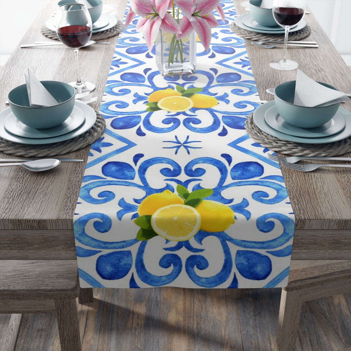 Table Runner With Blue and White Tiles and Lemons, Mediterranean ...
