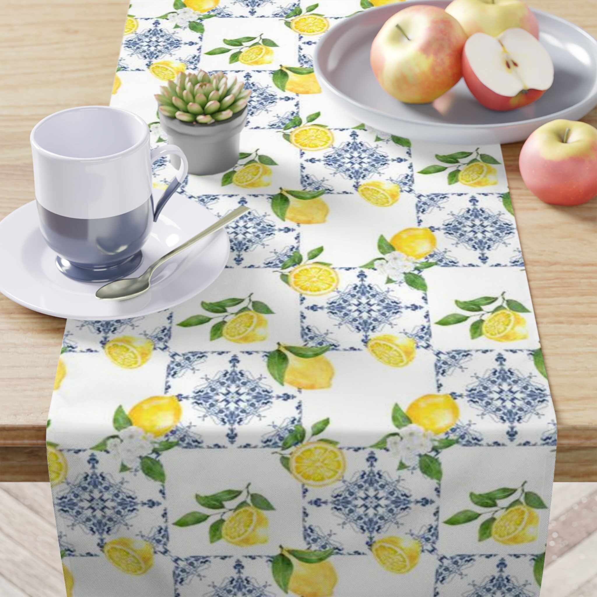Table Runner, Lemons, Blue and White Tiles, Amalfi Coast, Sicilian ...