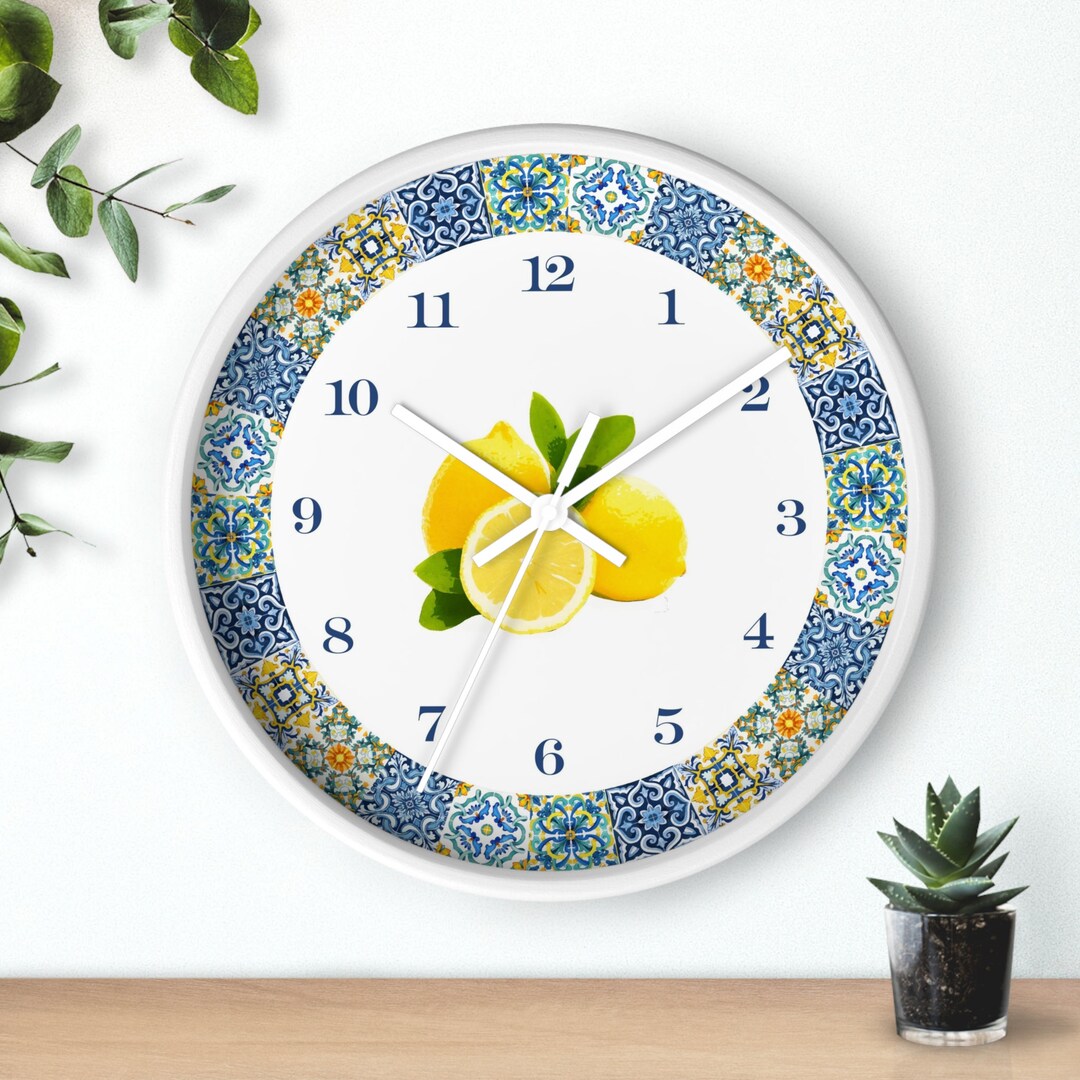 Mediterranean Style Wood Clock: Italian Blue & Yellow Tile Design With ...