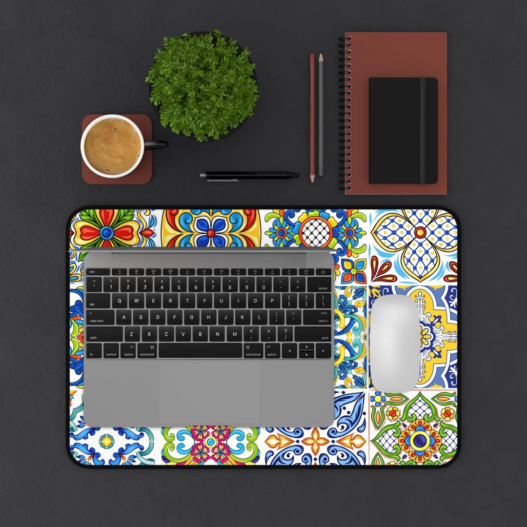 Mediterranean Tile Desk Mat, Colorful Sicilian Pattern, Non-slip Mouse ...