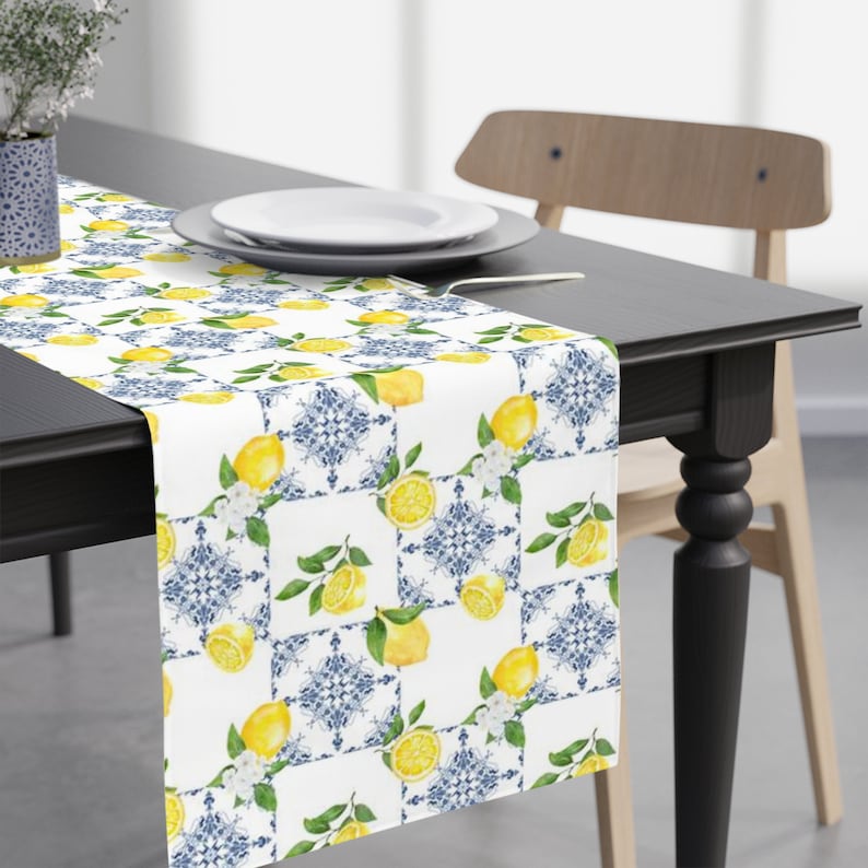 Table Runner, Lemons, Blue and White Tiles, Amalfi Coast, Sicilian ...
