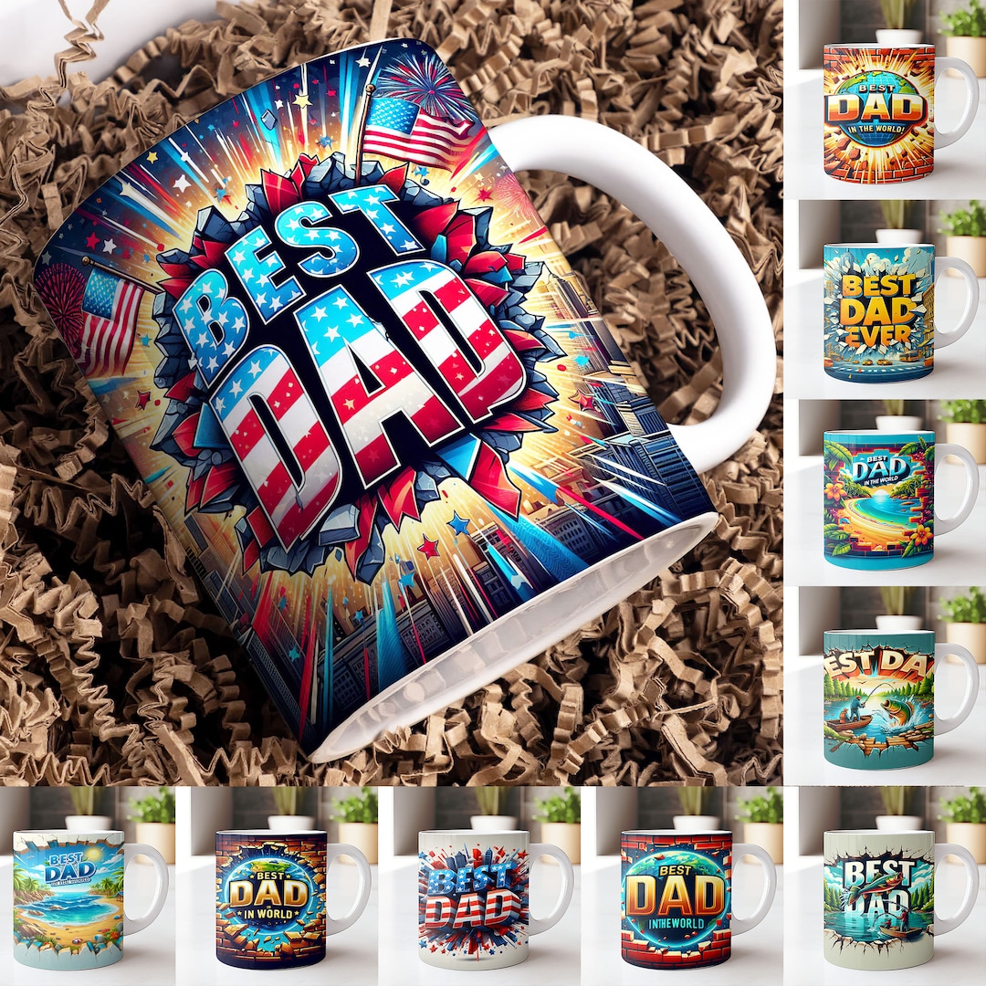 3D Best Dad Mug Wrap Bundle 11 and 15 Oz 3D Hole in a Wall Happy Father ...