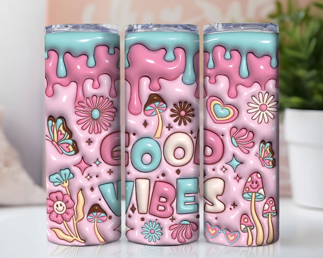 Good Vibes Inflated Tumbler Wrap, 3D Retro Floral Puff 20oz Sublimation ...