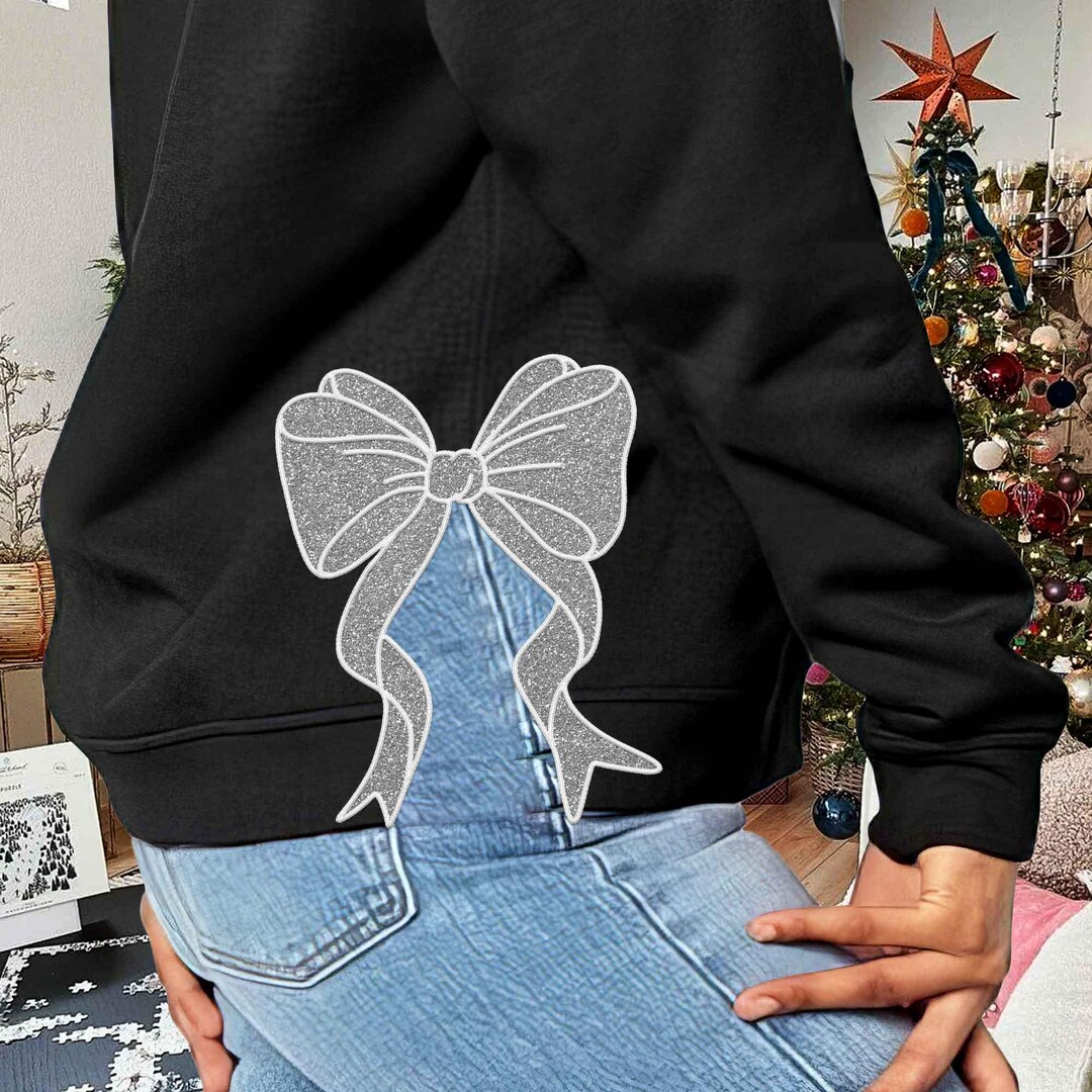 Side Bow Sweatshirt Embroidery Design, White Glitter Bow, Christmas ...