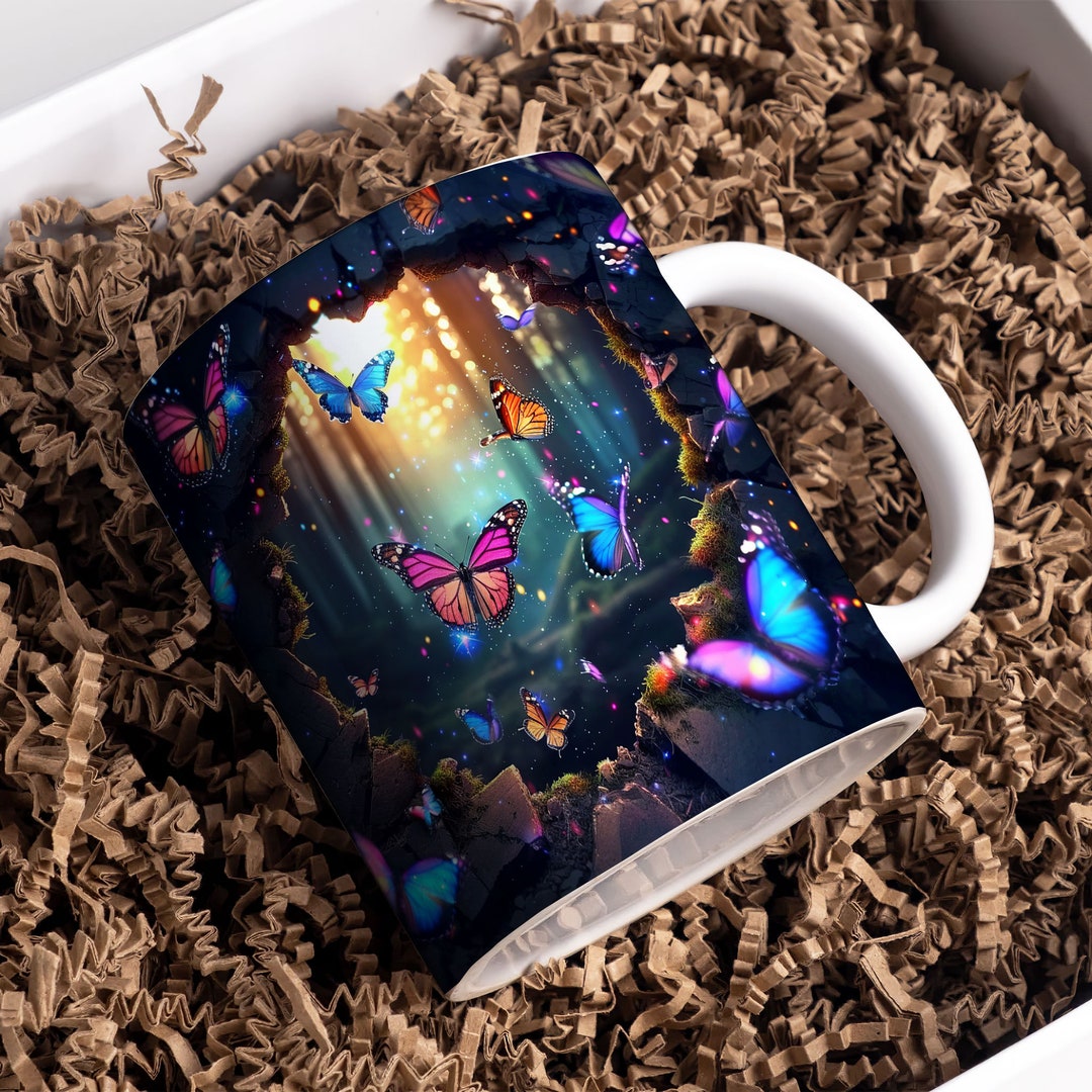 3D Neon Butterfly Hole in A Wall Mug Wrap, 11oz & 15oz Mug Design ...