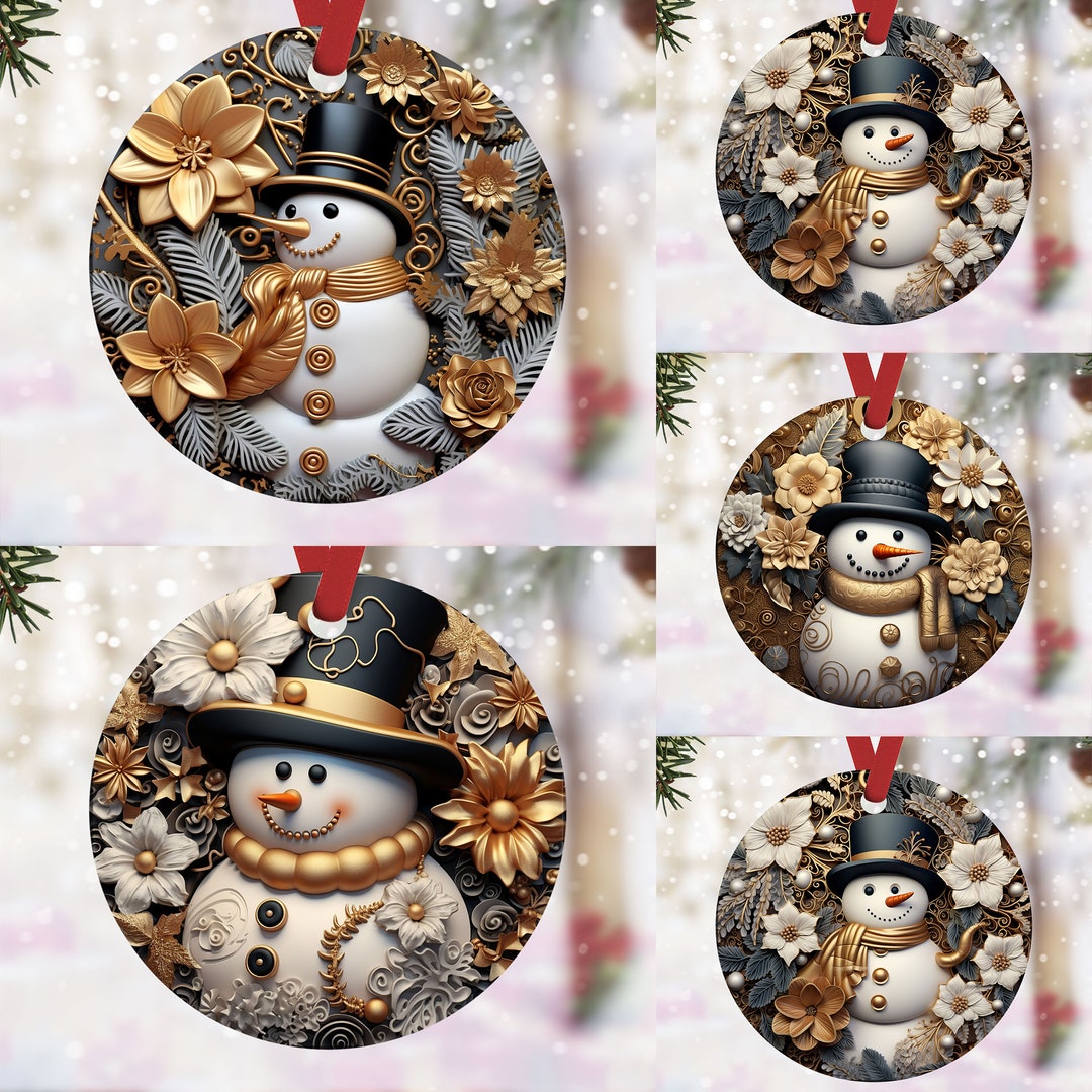 3D Gold Snowman Christmas Ornament Sublimation Designs Christmas Round ...