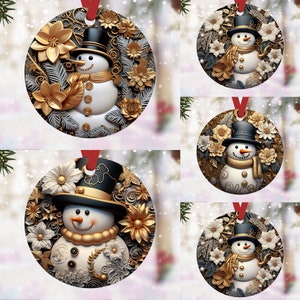 3D Gold Snowman Christmas Ornament Sublimation Designs Christmas Round ...