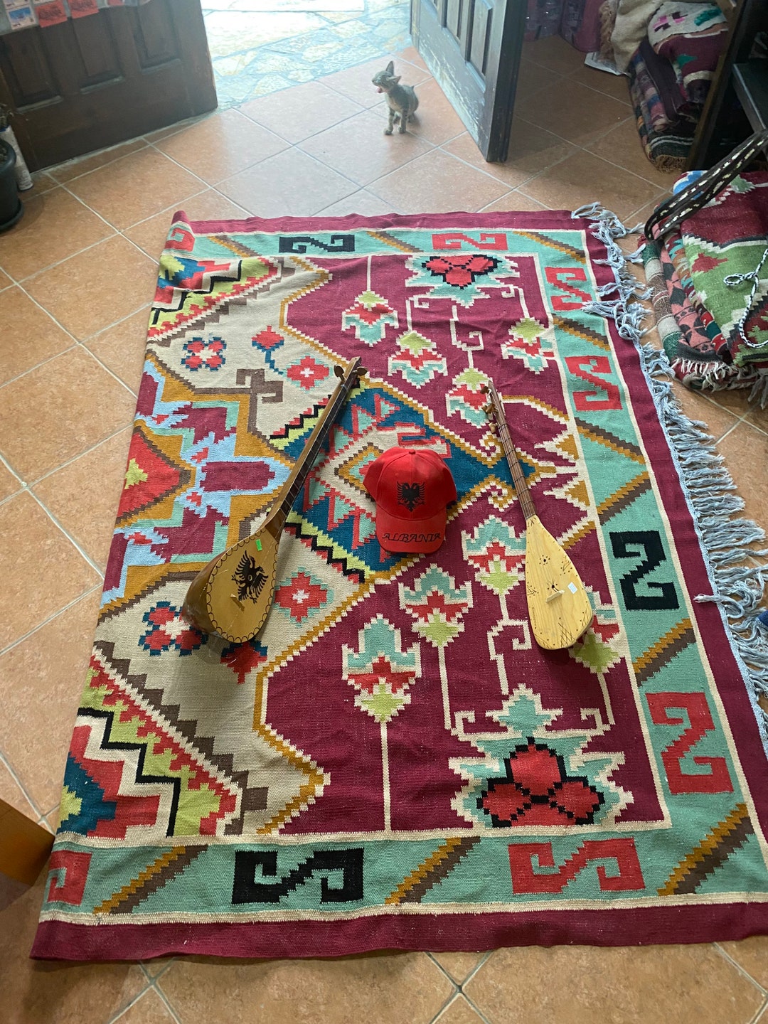 Unique Albania Rug With 2 çiftelia and a Hat - Etsy