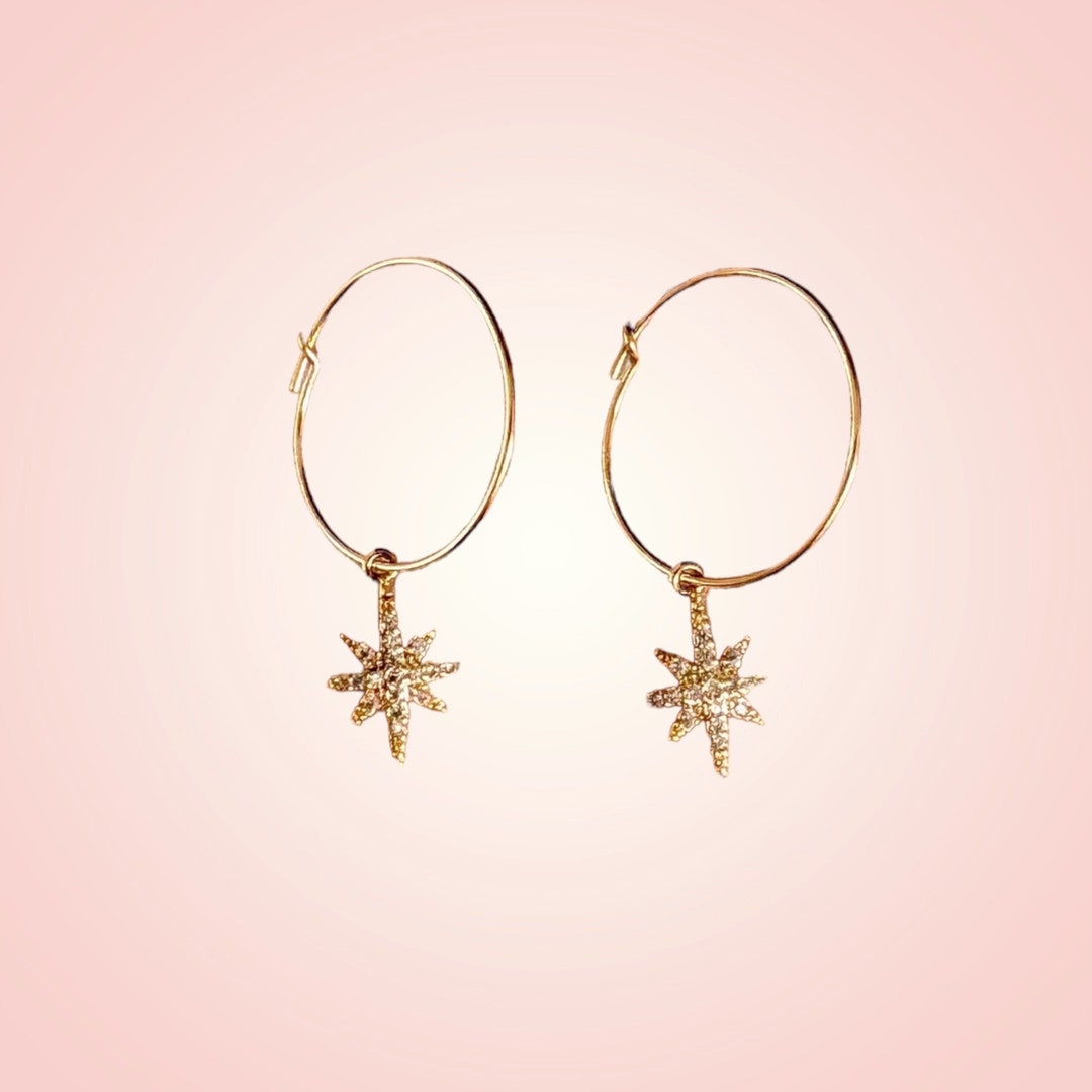 Compass Rose Pendant Hoop Earrings / Thin Gold-plated Compass Rose Hoop ...