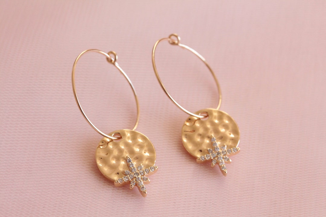 Gold-plated Hoop Earrings With Compass Rose Pendant / Small Gold Hoop ...