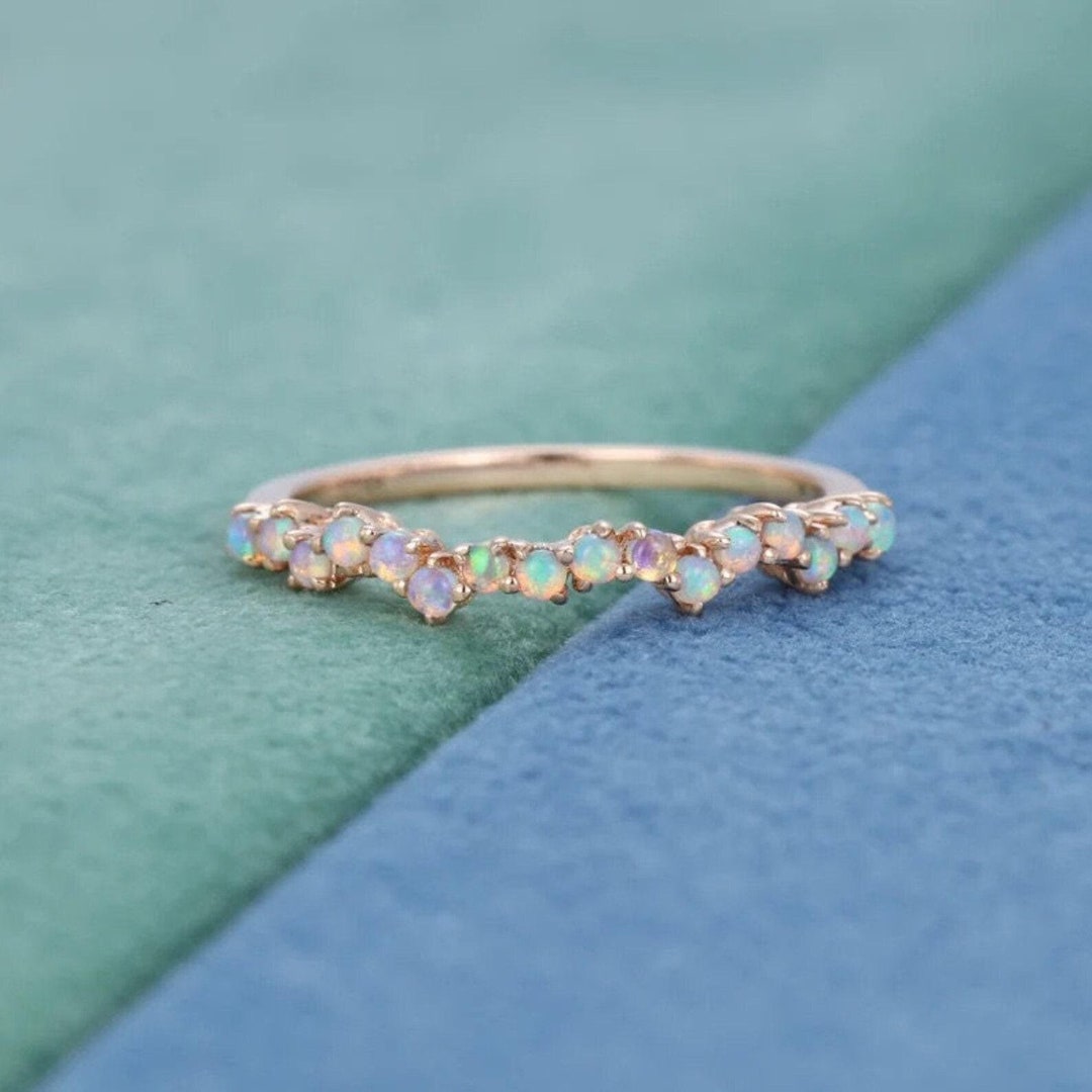 Natural Opal Ring, Vintage Opal Band, Opal Wedding Band, Rose Gold Opal ...
