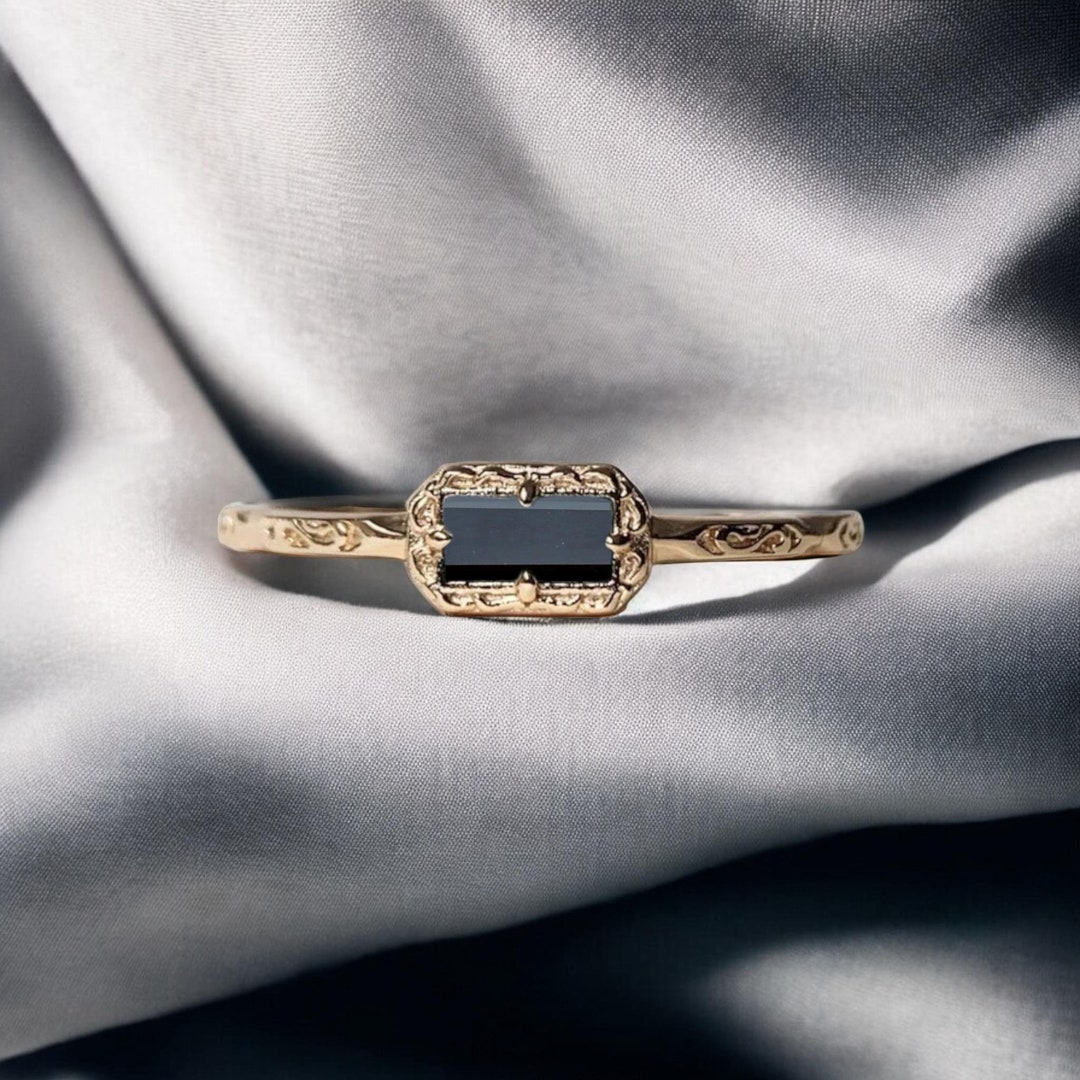 Natural Black Onyx Ring, Rectangle Bar Gemstone Ring, 18k Rose Gold ...