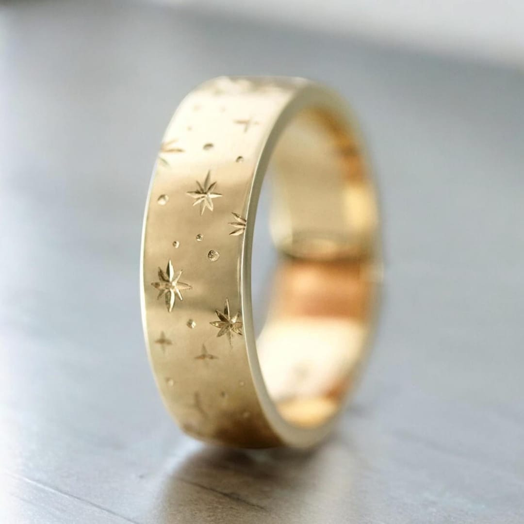 Star Engraved Ring Celestial Gold Ring, Starry Ring Band Alternative Wedding Ring, Celestial ...