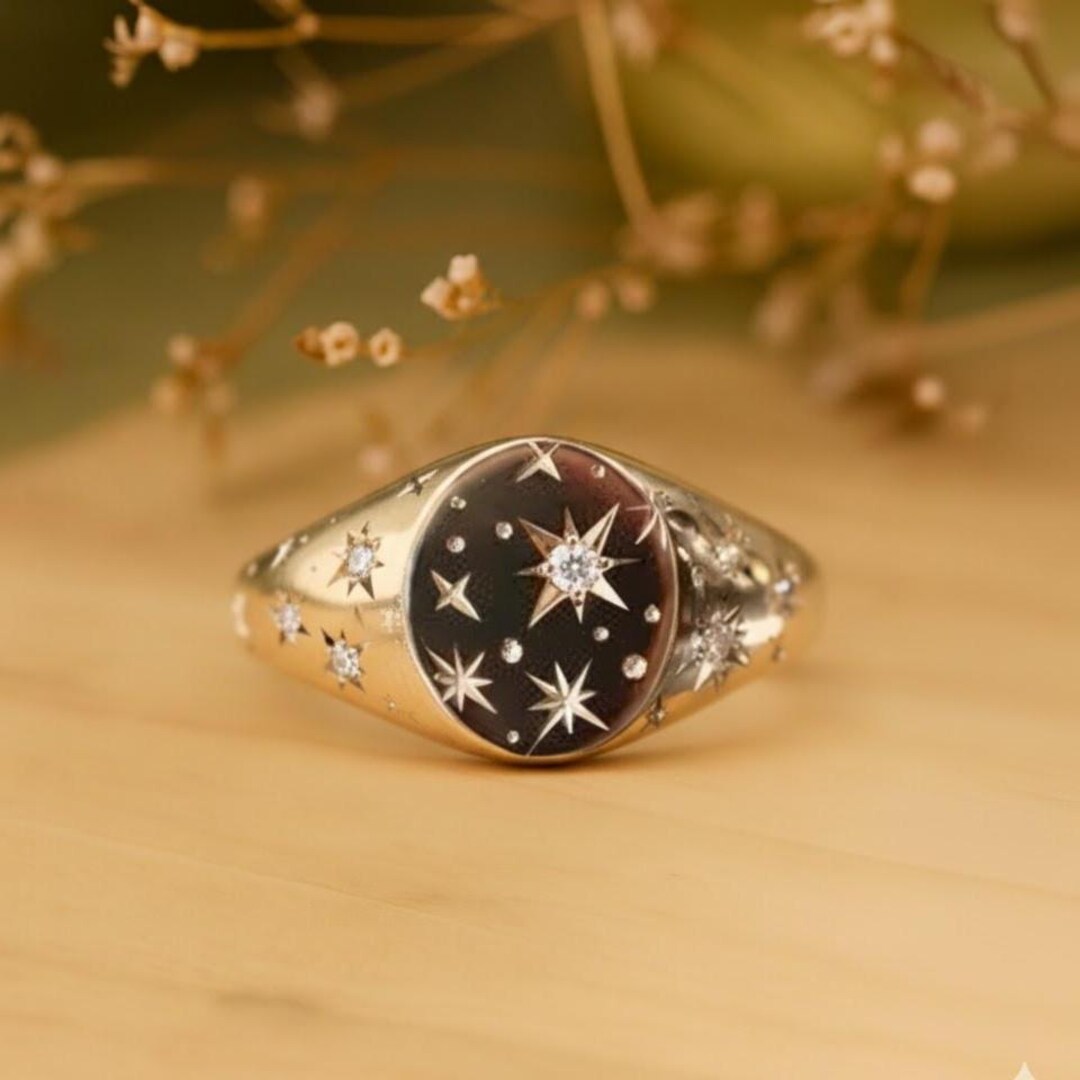 14k Gold Orion Star Signet Ring: Celestial Diamond Dome Ring - Etsy