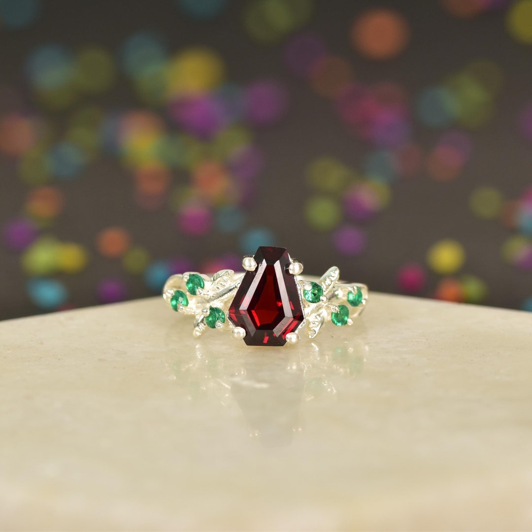 Coffin Cut Red Ruby Engagement Ring Sterling Silver Ring Art Deco Leaf ...