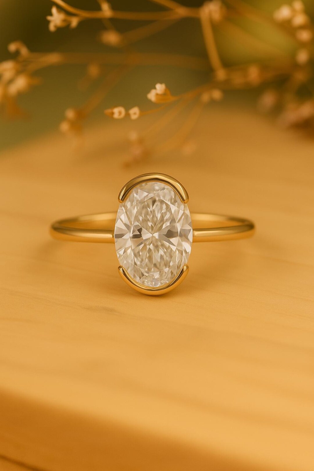3CT Oval Cut Moissanite Engagement Ring, Half Bezel Ring Sat, 14K ...