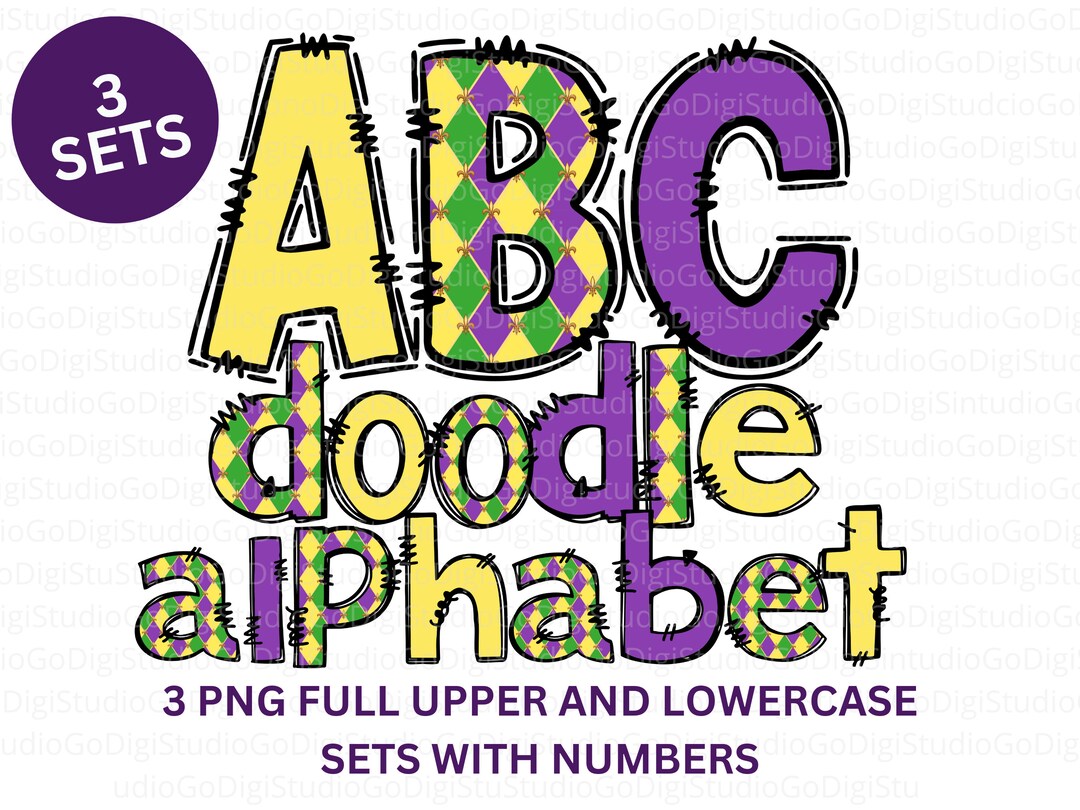 Mardi Gras Alphabet Letters, Mardi Gras Alphabet Doodle, PNG Bundle ...